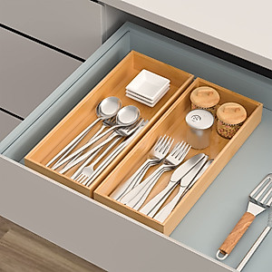 VeyFey Bamboo Drawer Organizer, Stackable Utensil Organizer for Kitchen, Bamboo Storage Box Wood Silverware Tray for Drawer 15" x 6" x 2" Set of 2