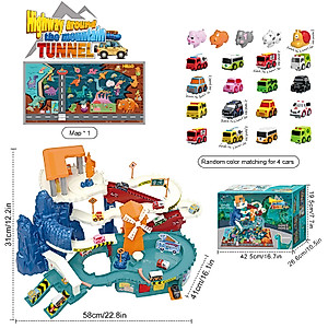 Likrolwe Boys Race Track Sets, Toy Car Ramp Track Climbing Hills Adventure Toy Vehicle Playsets with 4 Mini Cars and Garage, Race Track for Boys Age 4-7