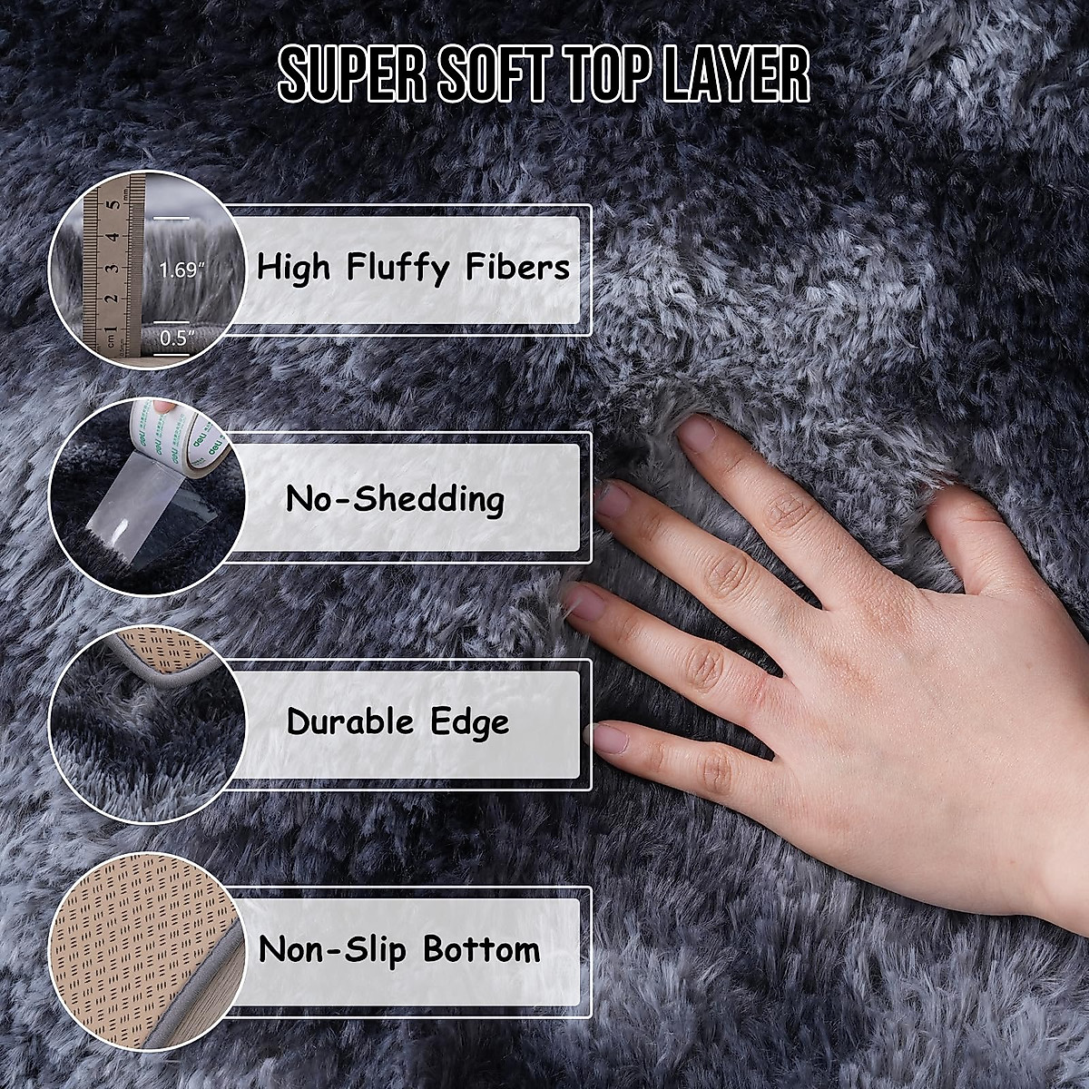 HOJARUGG Ultra Soft Rug for Living Room, 6 X 9 Tie-Dyed Black Plush Fuzzy Rugs Machine Washable, Fluffy Shag Area Rug Furry Rugs for Bedroom, Anti-Skid Indoor Carpet Nursery Rugs for Room Home Decor