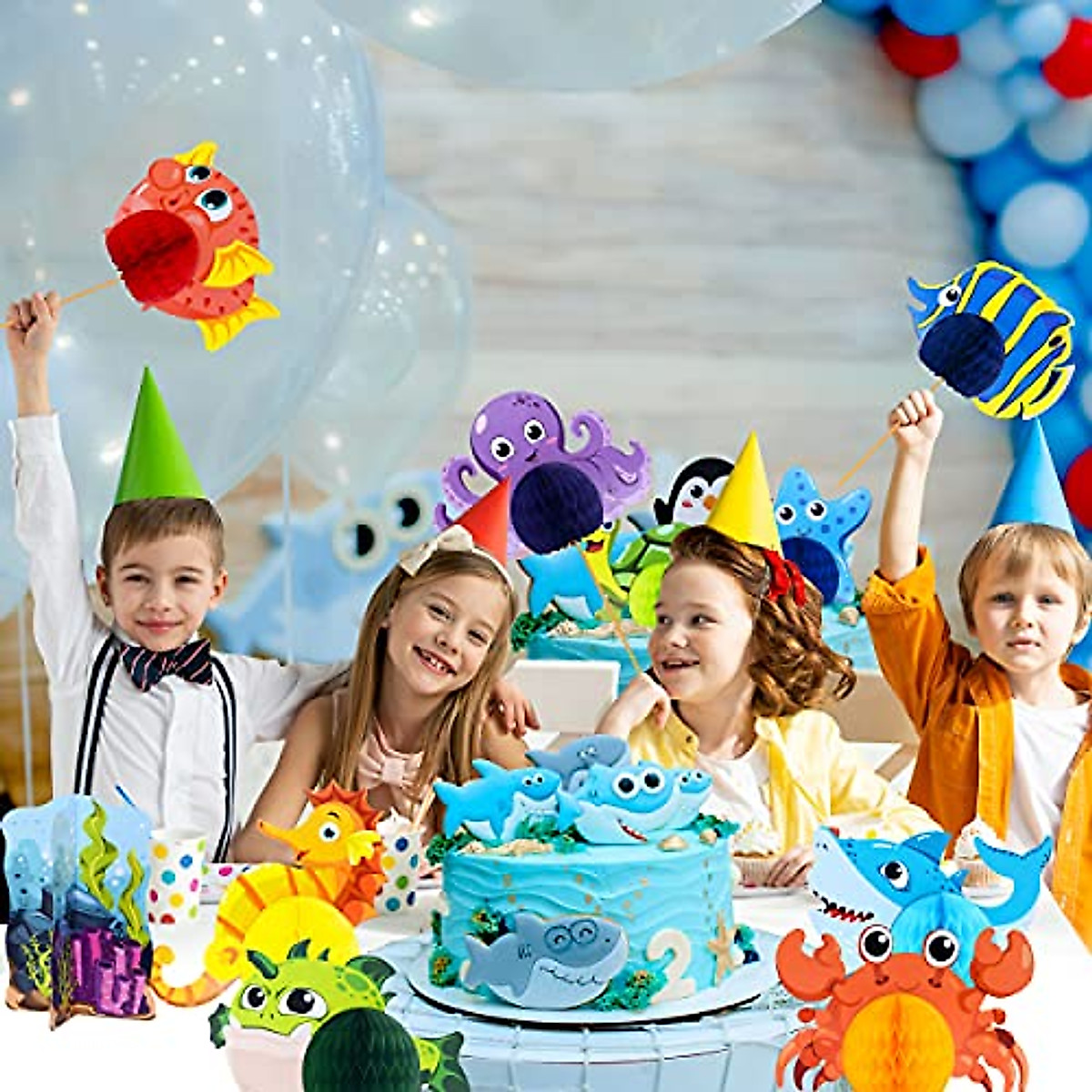 15 Pieces Sea Animal Honeycomb Centerpiece, Ocean Themed Marine Creature Decoration Table Honeycomb Party Supplies for Party Table, Birthday, Baby Shower