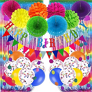 Recosis Birthday Party Decorations, Multicolored Party Decorations for Men Women, Happy Birthday Banner, Curtains, Paper Pompoms and Fans, Garland, Confetti Balloons for Birthday Party Decorations