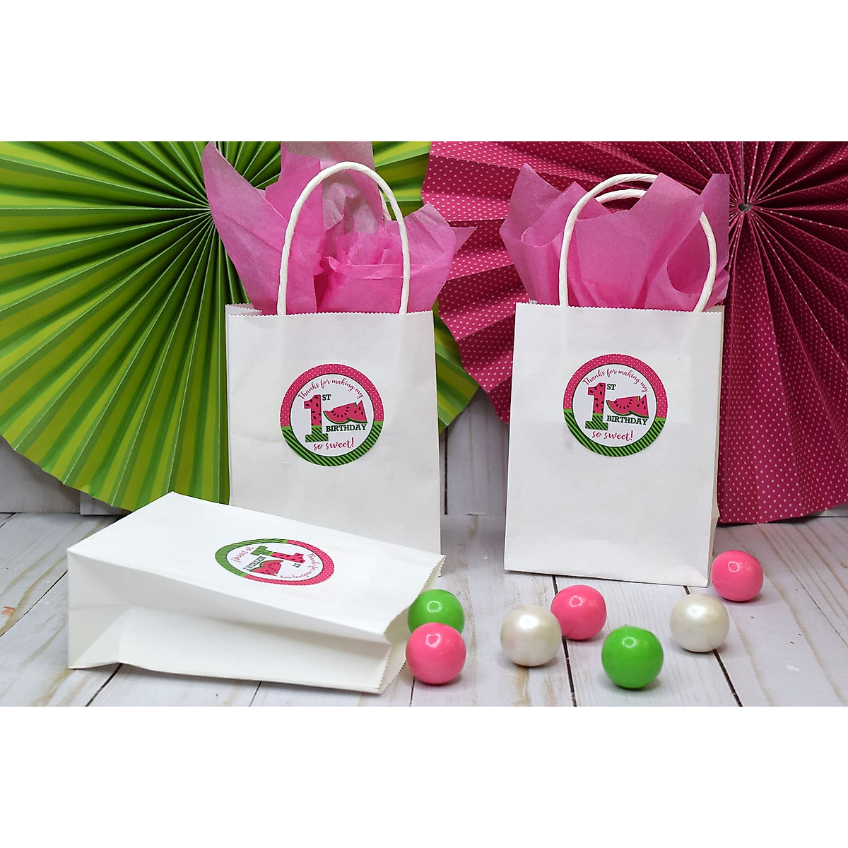 Pink Watermelon 1st Birthday Party Thank You Sticker Labels, 40 2" Party Circle Stickers by AmandaCreation, Great for Party Favors, Envelope Seals & Goodie Bags