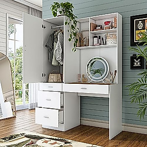 FAMAPY Armoire Wardrobe with Vanity Desk and Lighted Mirror, Armoire with Hanging Rod, Drawers & Shelves, Glass Tabletop, Armoire Closet for Bedroom White (47.2”W x 19.1”D x 70.8”H)