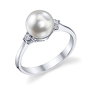 The Pearl Source White Akoya Cultured Pearl Ring for Women with Diamonds and 14K Gold