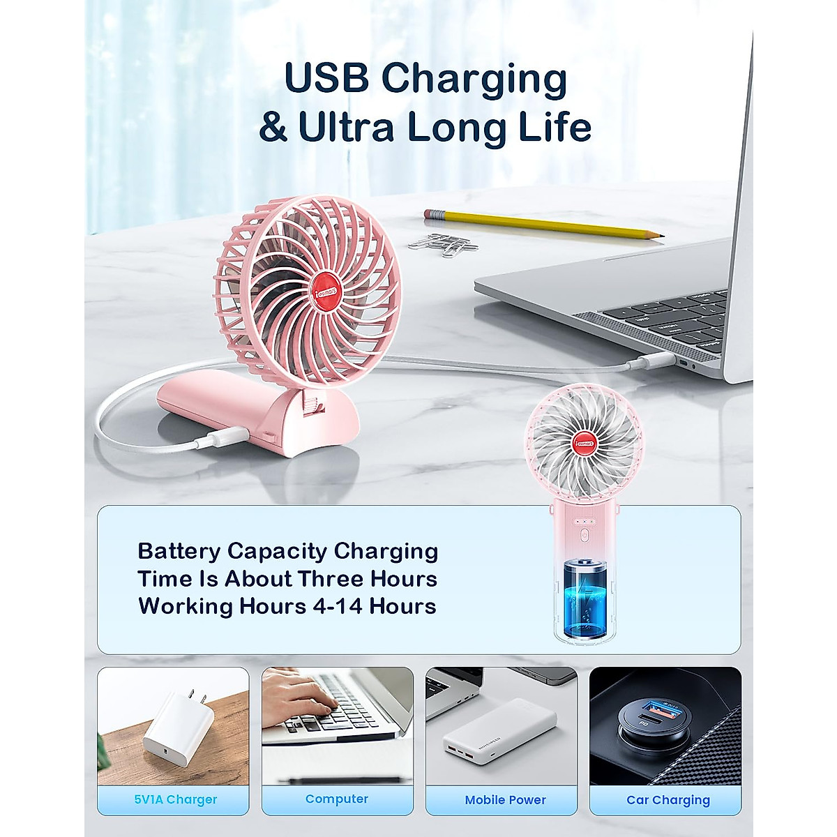 Small Portable Fan Handheld and Rechargeable: Pink Mini Hand Fans 4 Speeds Adjustable Cool Air Wind Multi angle Folding Battery Operated USB Powered Quiet Personal Fans for Women Travel Outdoor Home