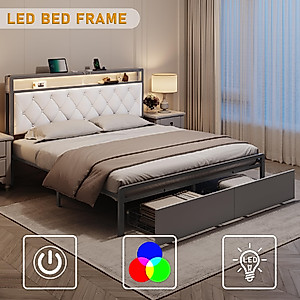 QPLZF Full Size Bed Frame with 2 Storage Drawers, Upholstered Full Bed Frame with LED Lights Headboard and Charging Station, No Box Spring Needed, Easy Assembly- Dark Grey