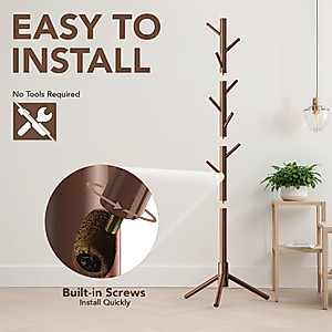 Hupmad Wooden Tree Coat Rack Stand,Sturdy Freestanding Coat Rack with 8 Hooks,3 Adjustable Height for Child Adult,Wood Coat Stand Tree Fits Entryway Bedroom Office for Bags,Hats