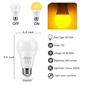 Ajuns Dusk to Dawn Bug Bulb Outdoor Sensor Yellow Bug Light Bulbs Automatic On/Off，for Terrace, Deck, Backyard, Porch, 7W Yellow Lights 2000K, 2 Packs