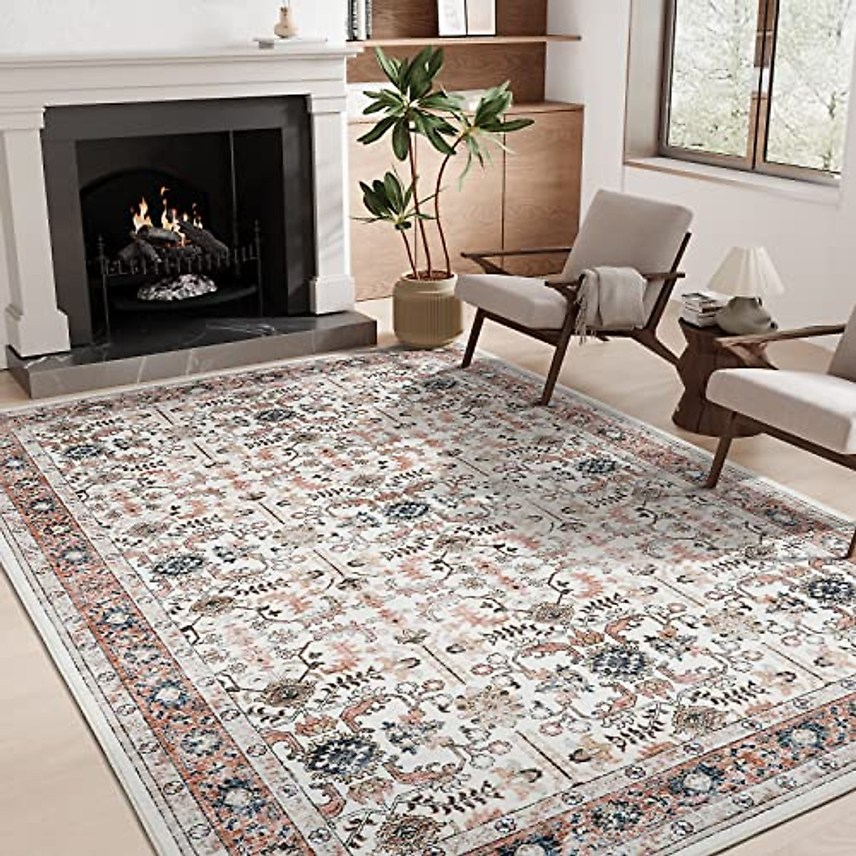 befbee 8x10 Area Rugs for Living Room- Ultra-Thin Stain Resistant Washable Rug, Non-Slip Backing Rugs, Large Room Decor Area Rug (Peach/Grey,8'x10')