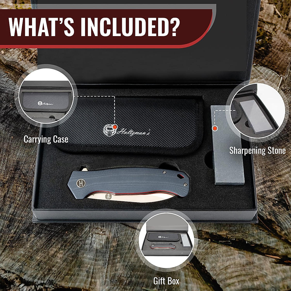 Holtzman's Gorilla Survival 'Wild Trail' Folding Knife featuring D2 Steel Blade with G10 Tactical Handle in Gift Box Set (Silver+Red)