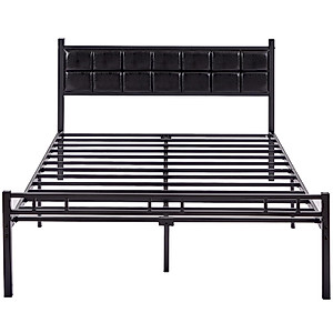 VECELO Queen Bed Frame with PU Upholstered Headboard, Heavy Duty Platform Bedframes, Metal Slats Support, No Box Spring Needed, Matter Black