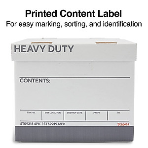 Staples Heavy-Duty Storage Boxes, Top Tab, Stacking Strength 850 lb, White/Gray, 9 3/4"H x 12"W x 15"D, 4/Ct