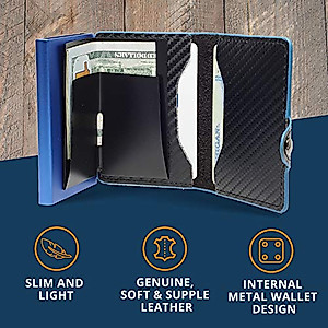 Card Blocr Pop Up Credit Card Wallet, RFID Blocking Credit Card Holder for men, Cool Wallets for Men in Carbon Wallet Design, Compact Card Holder Wallet for Secure Storage (Blue Carbon Fiber)