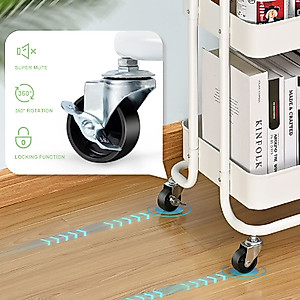 TOOLF 3 Tier Metal Rolling Cart, Utility Cart with Handle, Multifunction Storage Cart with Lockable Wheels, Serving Organizer Trolley with Mesh Basket for Kitchen, Bathroom, Office