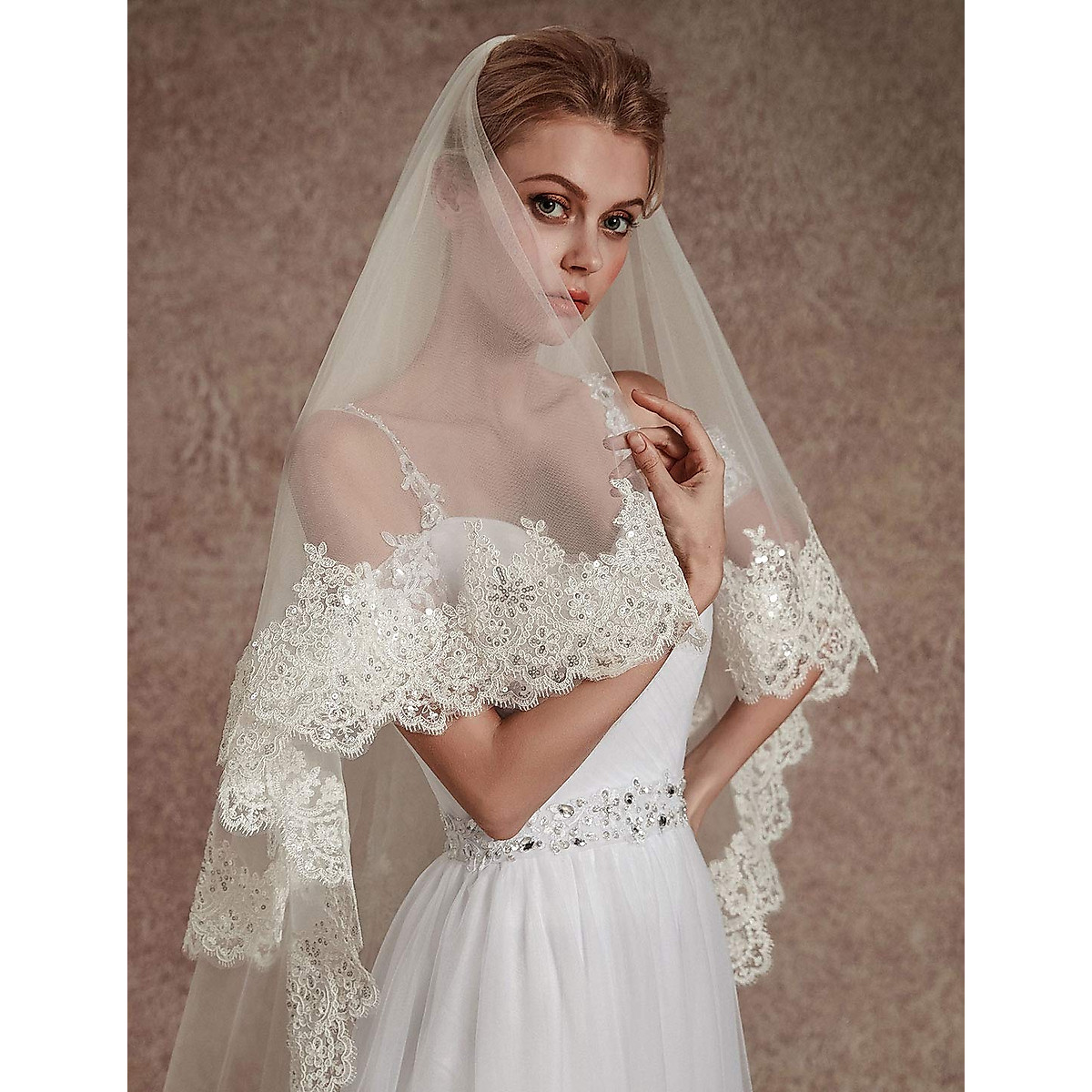 EllieHouse Cathedral Length 2 Tier Lace Bridal Wedding Veil For Bride Ivory 3 M