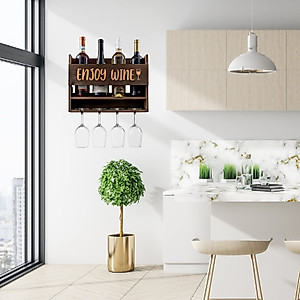 Bezrat Wall Mounted Wine Rack - 4 Wine Glasses Included 12 oz - Rustic Wood Wine Glasses & Bottle Holder, Housewarming Home décor Storage Wine Gifts - Wine Accessories for Women