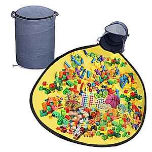 Toy Storage Organizer and Play Mats,Large Toy Basket Toy Storage Bags for Foldable Canvas Basket,Toy Clean Up & Storage Container SuitableWashable Drawstring Play Mat,Suitable for Small Toys (Blue)