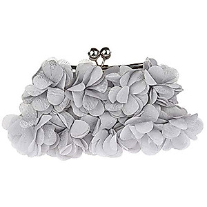 Santimon Women Clutch Kiss Lock Purse HandBags Satin Flower Evening Bags with Removable Strap Grey