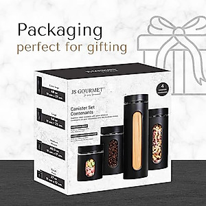 JS Gourmet 4 Pcs Stainless Steel Canisters Set for Kitchen with Glass Window and Airtight Lid, Perfect for Storing Coffee, Spaghetti, Sugar, Beans and Dry Ingredients (Black)
