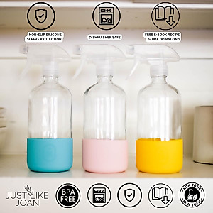 Just Like Joan Glass Spray Bottles 16 oz with Silicone Sleeve - Clear Glass Spray Bottles for Cleaning Solutions, Essential Oils, Plants, Vinegar - Refillable - Food Safe (2 Pack - Pink & White)