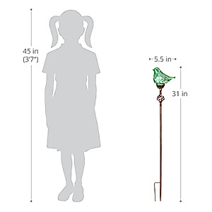 Exhart Garden Solar Lights, Decorative LED Bird Garden Stake, Hand Blown Glass and Metal Outdoor Decoration, Green, 5.5 x 31 Inch