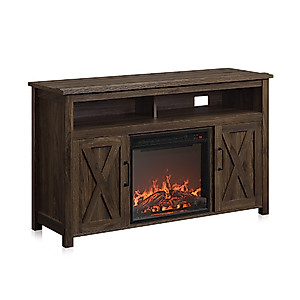 BELLEZE Modern 48" Barn Door Wood TV Stand with 18" Electric Fireplace Heater & Media Entertainment Center Console Table for TV up to 50" with Two Open Shelves and Cabinets - Corin (Dark Walnut)