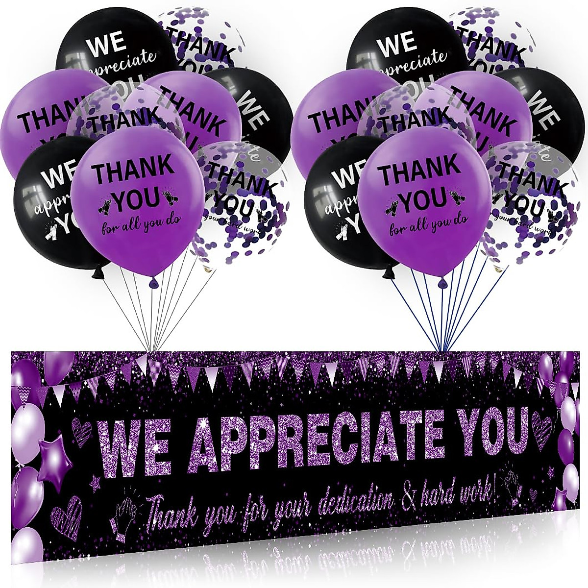 We Appreciate You Decorations Purple Black We Appreciate You Banner with 18 Balloons Thank You Yard Sign for Teacher Employee Staff Poaster Doctors Nurse Volunteer Appreciation Week Party Decor