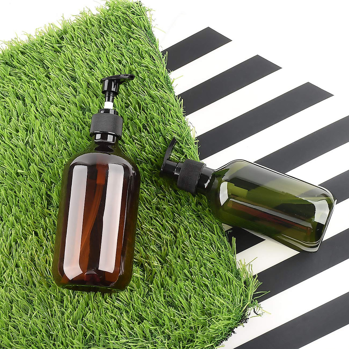 Angoodden 2 Pack Pump Bottle 500ml 17oz Plastic Pump Bottle Dispenser Amber Pump Bottles for Shampoo and Conditioner