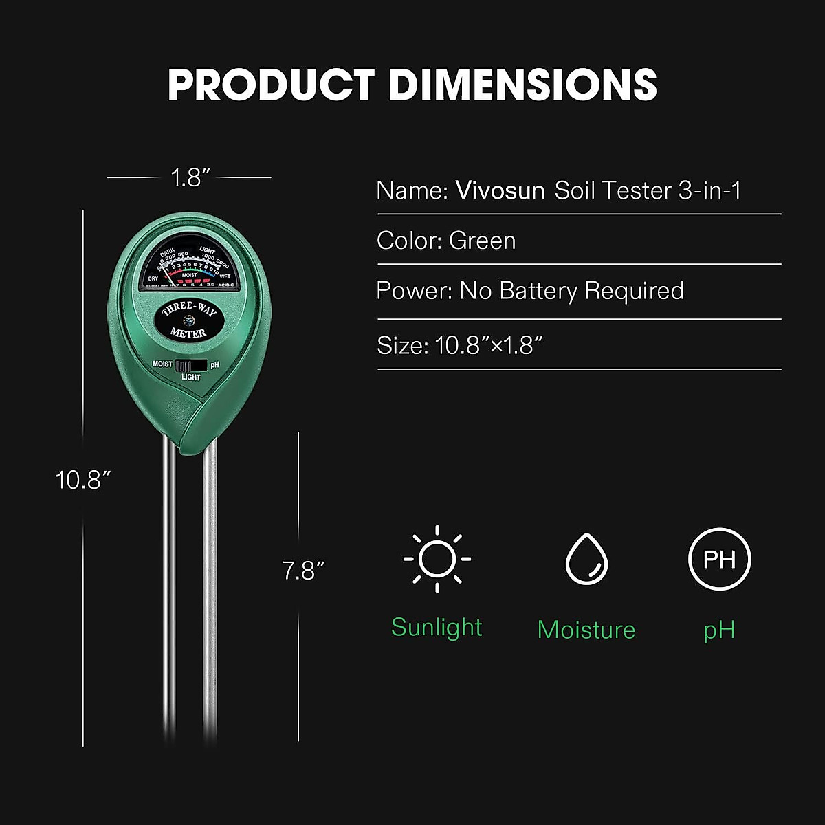 VIVOSUN 3-in-1 Digital pH Meter with ATC, Soil Tester for Moisture, pH and Light-Indoor and Outdoor Use