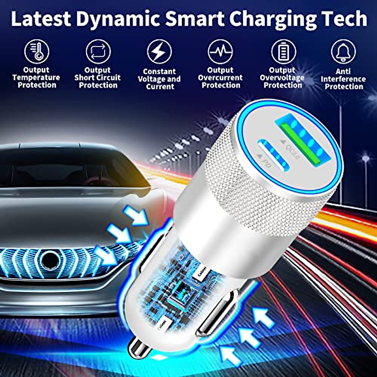 [Apple MFi Certified] iPhone Fast Car Charger, Caiinei 48W Dual PD/QC3.0 USB-C Power Car Charge Adapter + 2 Pack 6FT Coiled Lightning Cable Quick Car Charging for iPhone 14 13 12 11 Pro Max/XS/XR/iPad