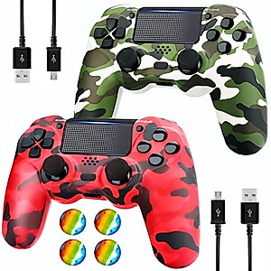 Dliaonew Wireless Controller for PS4, 2 Pack Remote Control Compatible with PS4/Slim/Pro with Dual Vibration/Audio/Six-axis Motion Sensor/Game Joystick - Camo Red + Camo Green
