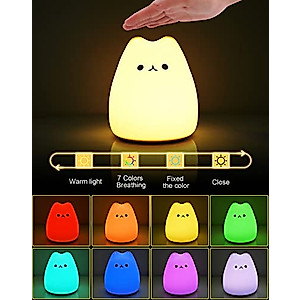 LED Cat Night Light, Battery Powered Night Light for Kids, Silicone Multicolor Cute Cat Lamp with Warm White and 7-Color Breathing Mode, Gifts for Kids, Baby, Children (Celebrity Cat)