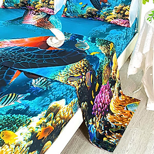 CVHOUSE Sea Turtle Fitted Sheet,Ocean Bed Sheet Set Twin Size,Turtle Bedding Set for Boys Kids Girls,1 Flat Sheet & 1 Fitted Sheet with 2 Pillow Cases - 4 Piece