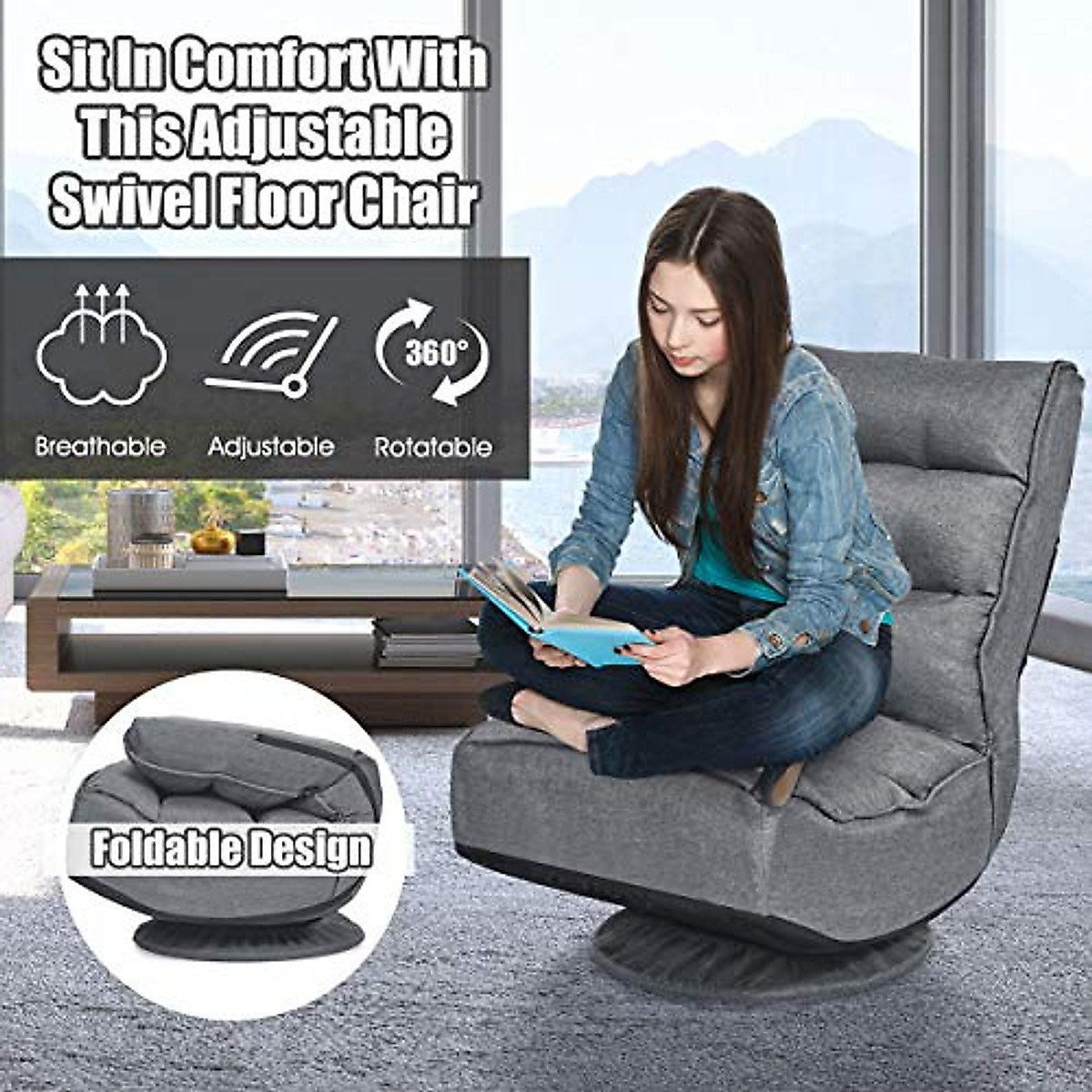 Giantex 360 Degree Swivel Floor Chair, Folding Floor Gaming Chair with 6 Positions Adjustable, Lazy Sofa Lounge Chair w/Tufted Back Support, Video Gaming Chair for Reading TV Watching (Gray)