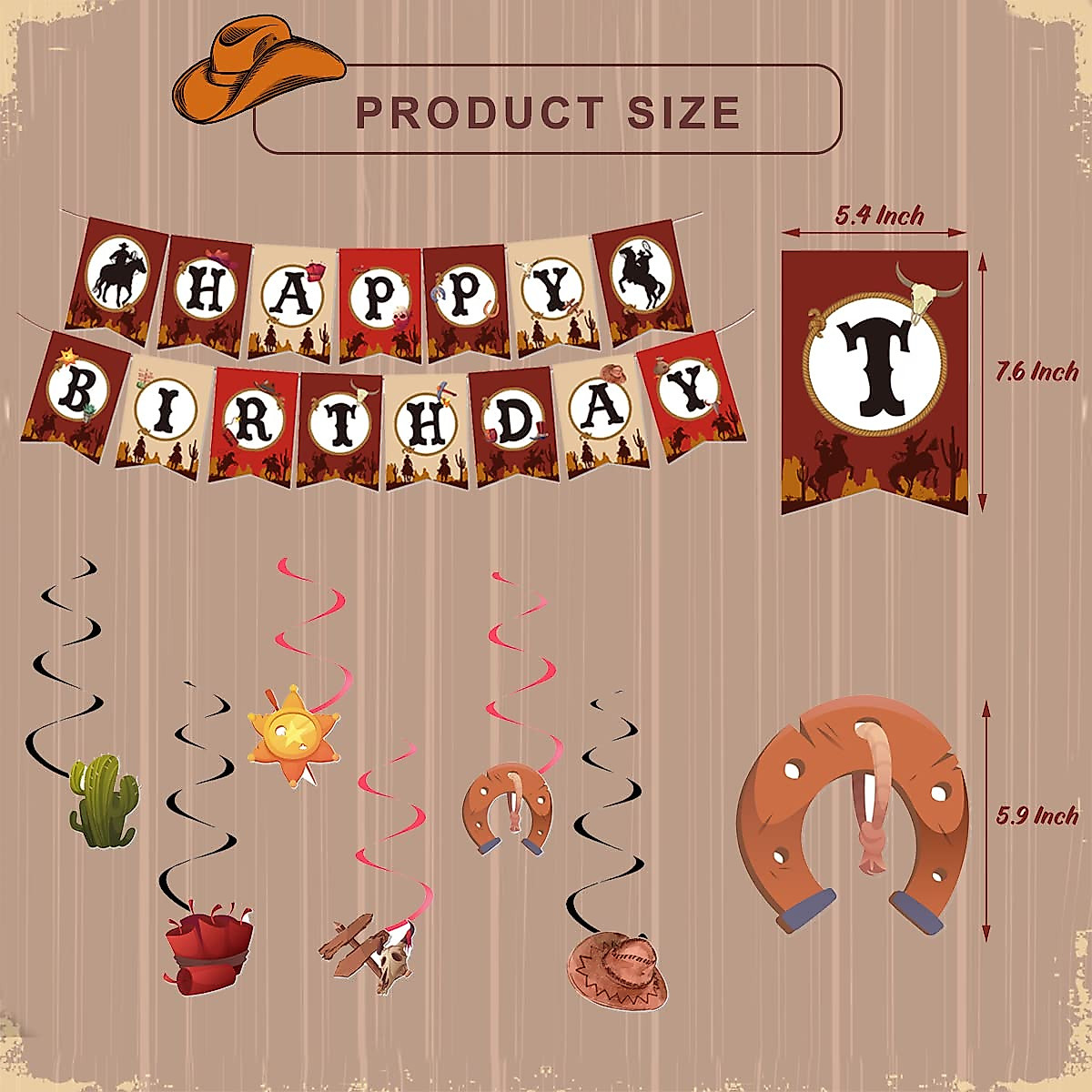 Cowboy Party Decorations Set - Western Birthday Party Decorations Country Rodeo Party Favor Horse Balloons Birthday Banner Cupcake Toppers Hanging Swirls