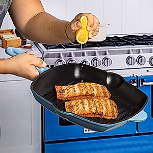 Country Living Enameled Cast Iron Square Griddle Grill Pan with Ridges, Helper Handle and Pouring Spouts for Easy Draining, Indoor Grilling Skillet, 11-Inch, Blue