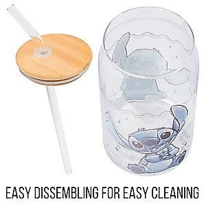 Silver Buffalo Disney Lilo and Stitch Sitting Glass Jar Tumbler with Bamboo Lid and Glass Straw, 16 Ounces