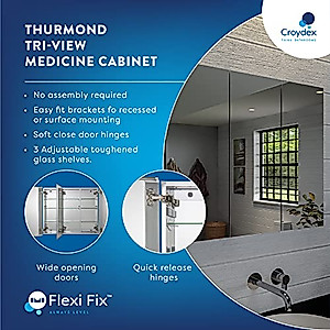 Croydex Thurmond Tri-View, Recessed or Surface Mount Medicine Cabinet, 30W x 26H, Aluminum