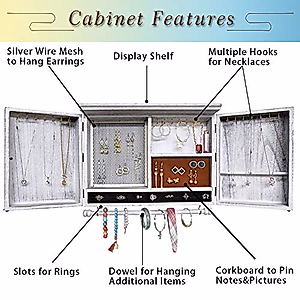 GLANT Rustic Wall Mounted Jewelry Organizer with Wooden Barndoor Decor,Wooden Wall Mount Holder,Jewelry holder for Necklaces, Earings, Bracelets, Ring Holder (milky)