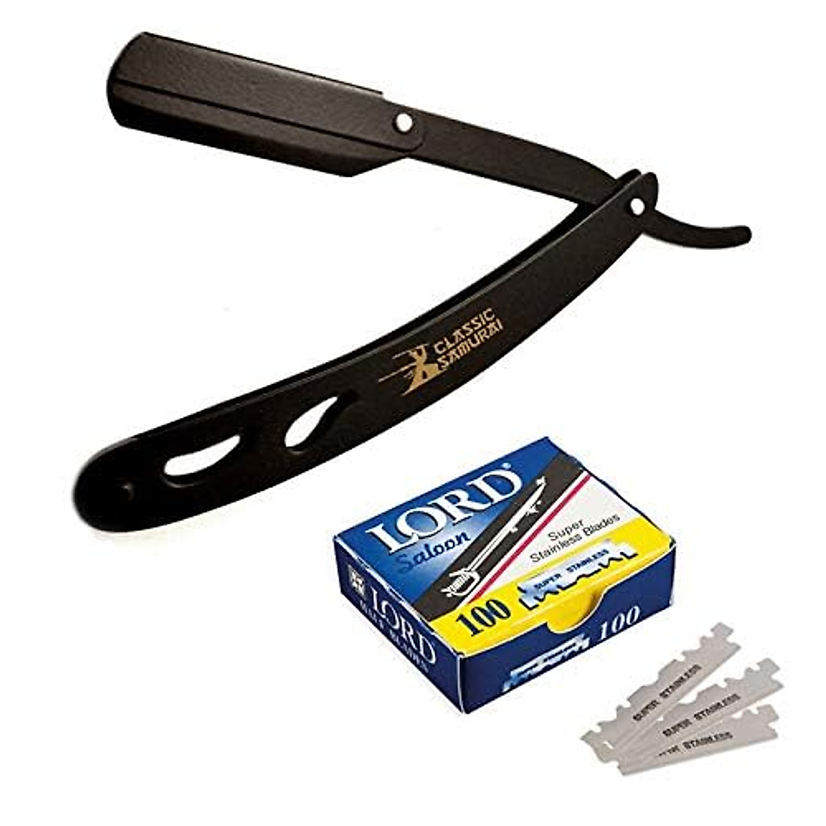 Classic Samurai CS-102 Stainless Steel Professional Barber Straight Edge Shavette Cut Throat Razor (Matte Black + 100 Lord Blades)