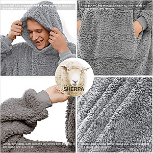 ililmmoe Sherpa Wearable Blanket Oversized Hoodie Sweatshirt TV Blanket with Long Sleeves and Pocket-Gray