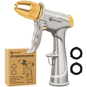 AUTOMAN Garden Hose Nozzle Sprayer, High Pressure Spray Nozzle, 100% Metal Water Hose Nozzle, 4 Patterns Watering Nozzle, Heavy Duty Garden Nozzle for Watering Plants & Lawns, Washing Cars & Pets