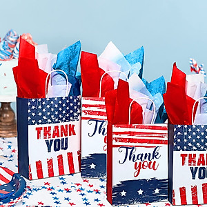 Pajean 16 Pieces Patriotic Thank You Gift Bags with 18 Red White Blue Tissue Paper American Flag Party Favor USA Treat Goodie Handle for Veterans Day Memorial Independence