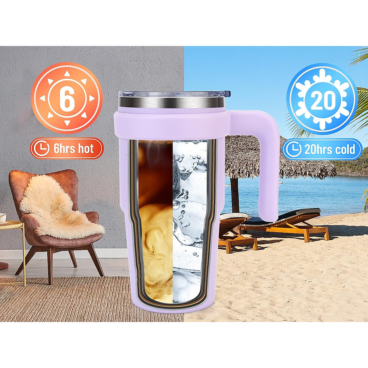 Zukro 20 oz Insulated Tumbler With Handle, Ceramic Interior Coating, No Metallic Aftertaste, Vacuum Stainless Steel Travel Coffee Cup with Lid and Straw, Keep Drinks Hot & Cold For Pure Taste
