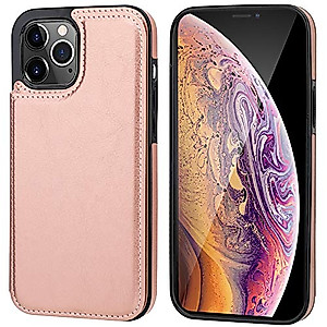 ONETOP Compatible with iPhone 12 Pro Max Wallet Case with Card Holder,PU Leather Kickstand Card Slots Case, Double Magnetic Clasp and Durable Shockproof Cover 6.7 Inch(Rose Gold)