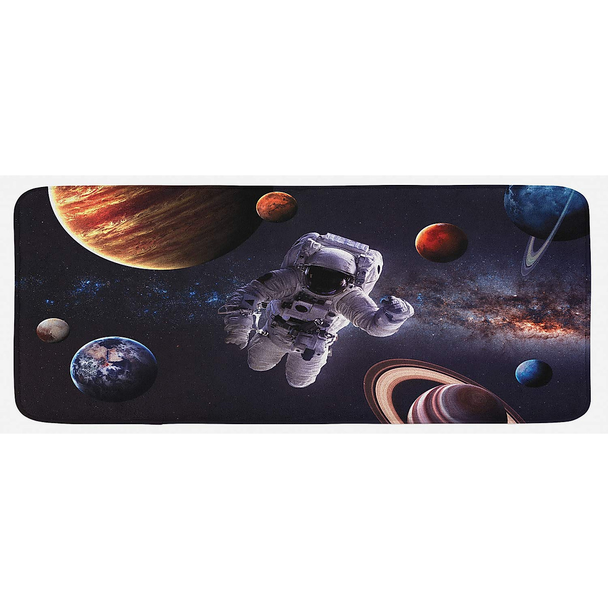 Ambesonne Outer Space Kitchen Mat, Astronaut Between Planets Mars Neptune Jupiter Plasma Ethereal Sphere Picture, Plush Decorative Kitchen Mat with Non Slip Backing, 47" X 19", Dark Blue