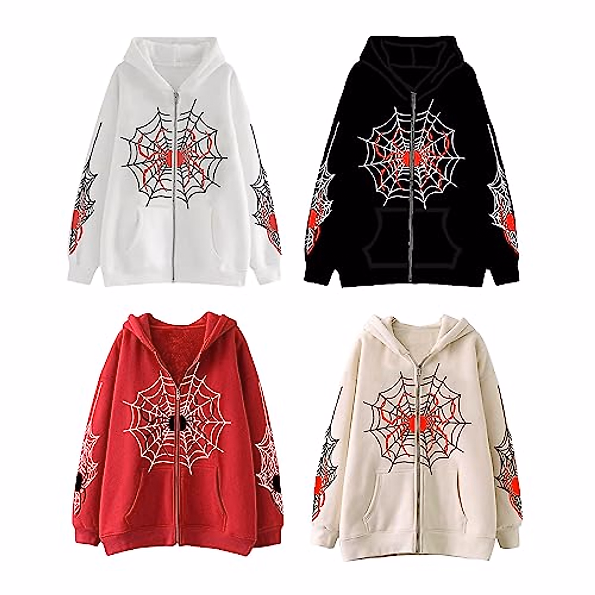 Amiblvowa Women Men Hip-hop Zip Up Hoodie Y2K Vintage Grunge Jacket Spider Graphic Oversized Sweatshirt Coat 2023 Harajuku Clothes (C-Red, L)