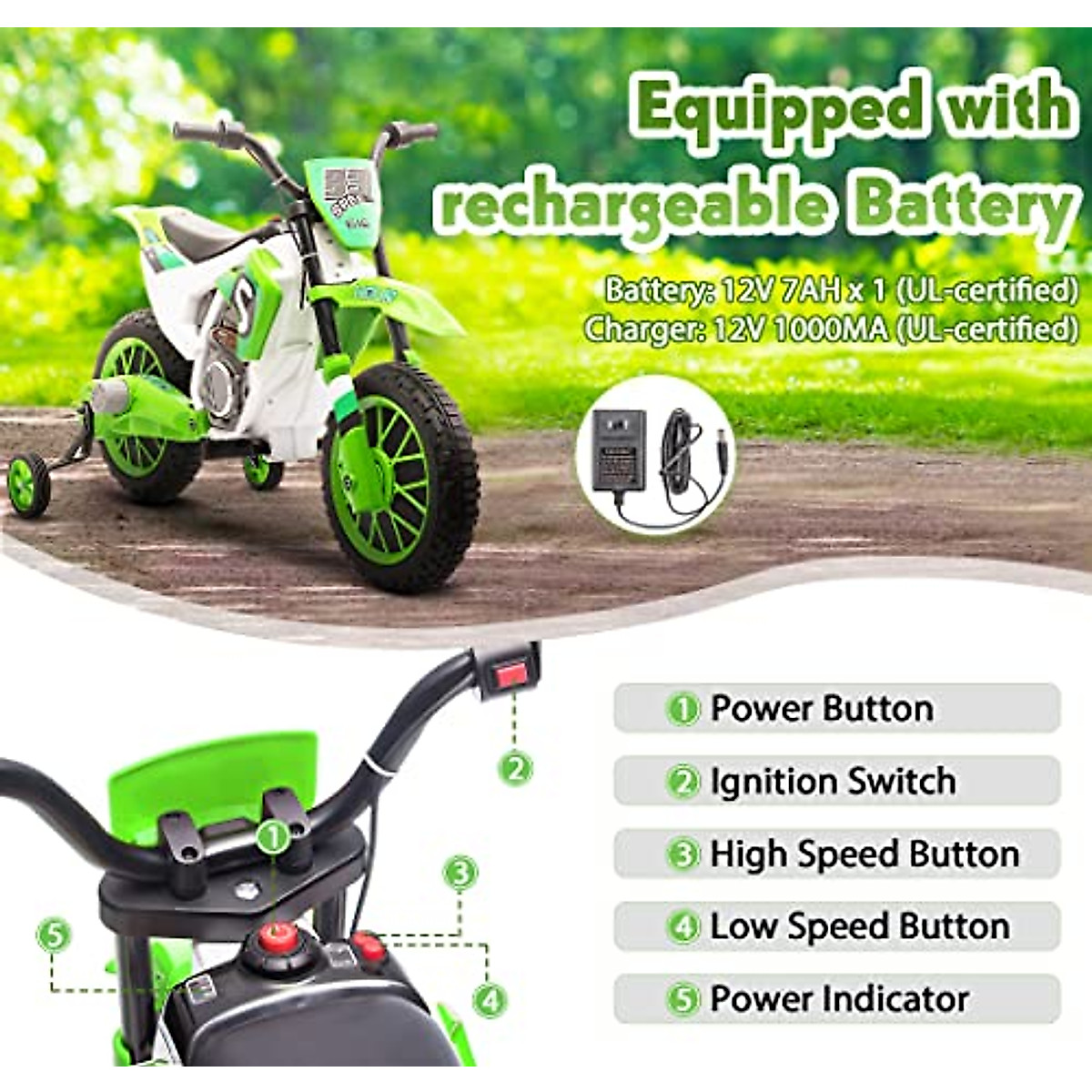 TOBBI Electric Motorcycle for Kids 12V Dirt Bike Ride on Toy Battery Powered Motorbike Off-Road Motocross Kid Motorized Vehicles w/ 2 Speeds, 35W Dual Motors, Training Wheels, Green