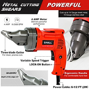SHALL Electric Metal Cutting Shear, 4.0-Amp Corded Sheet Metal Cutter, Variable Speed with 360 Degree Swivel Head, Continuous Cutting, Clean Cut for 14GA Sheet Metal & 16GA Stainless Steel, 2500 SPM
