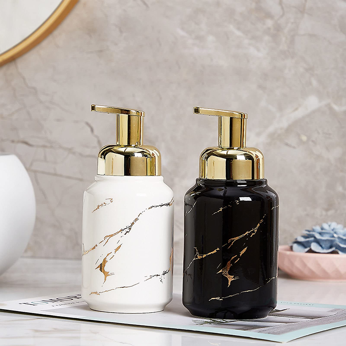 Soap Dispenser,/Marble Ceramic Foaming Soap Dispenser, Foam Soap Dispenser with Gold Pump, Hand Foaming Dispenser, for Barthroom Kitchen-pink-400ml/short (Color : Pink)